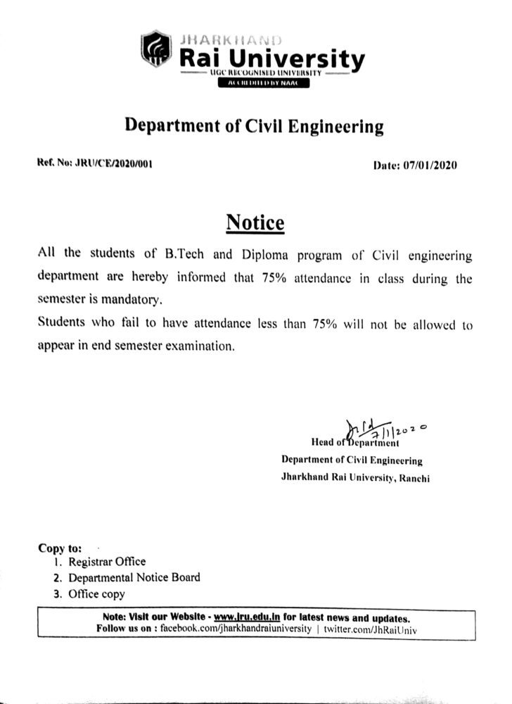 ce-notice regarding attendance - Jharkhand Rai University (JRU), Ranchi