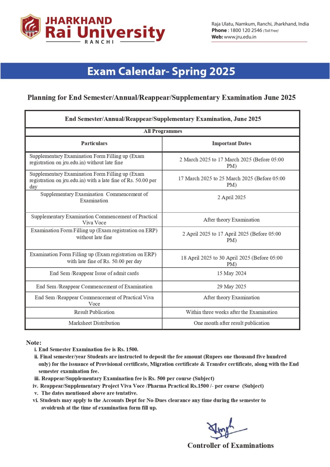 Examination Calendar Spring 2025
