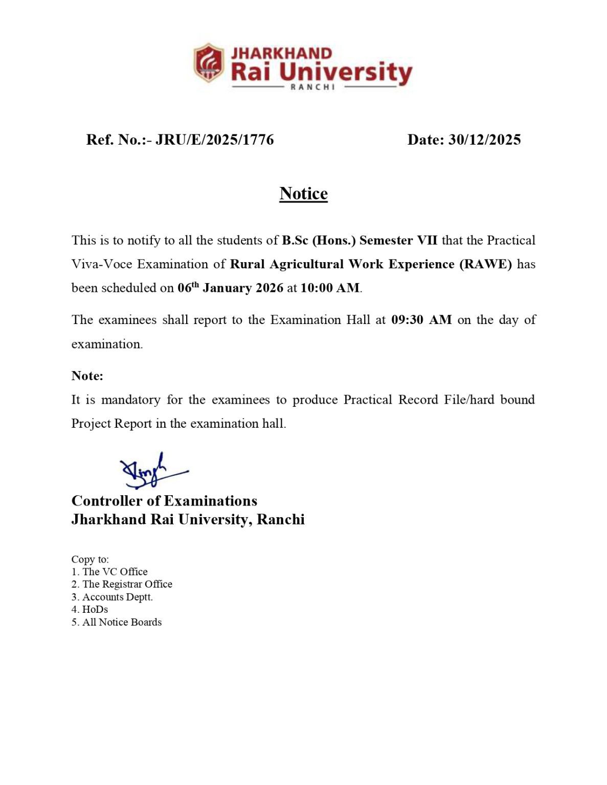 Notice regarding the schedule of practical examination (RAWE)